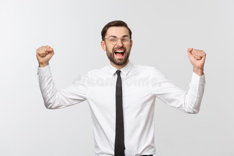 Very Happy Successful Gesturing Business Man, Isolated on White Stock ...