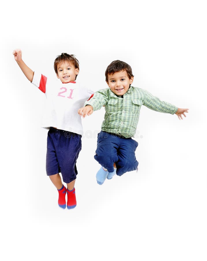 Two Happy Children Jumping at Once Stock Photo - Image of green ...