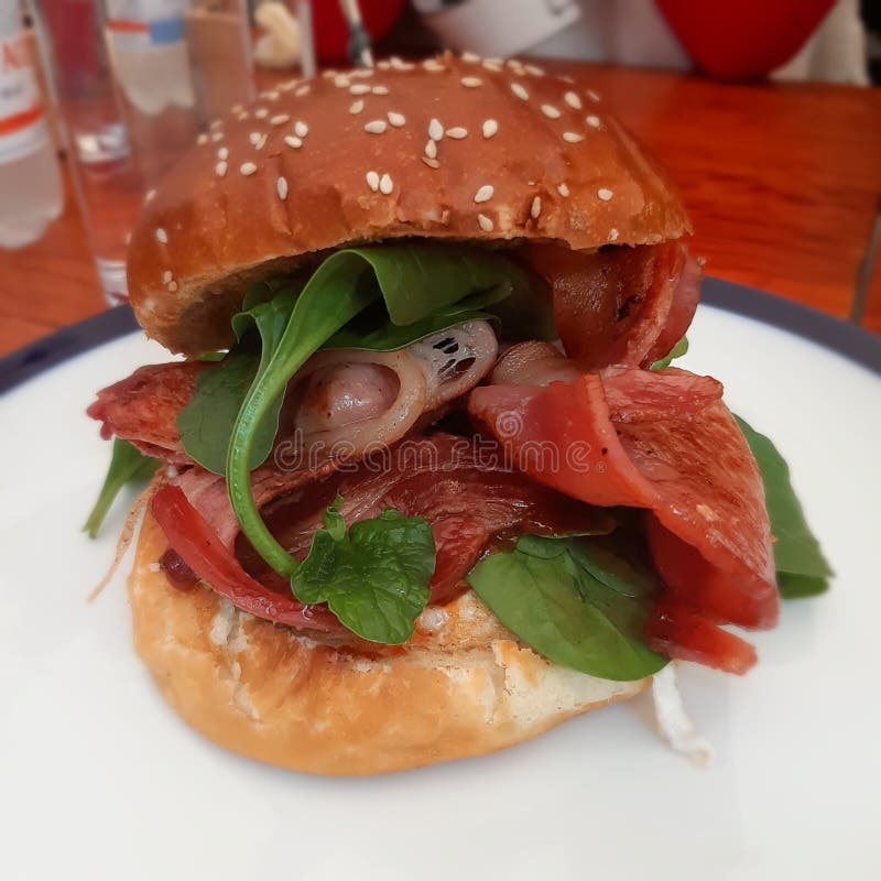 Very Big Juicy Burger with Vegetables Meat Cutlet and Egg on Woo Stock ...