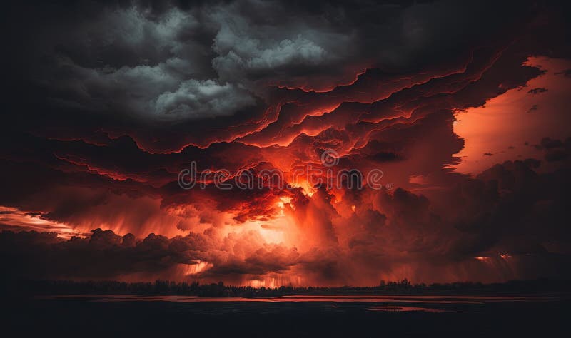 A Red and Black Cloud with Lightning in the Sky Above it Stock ...
