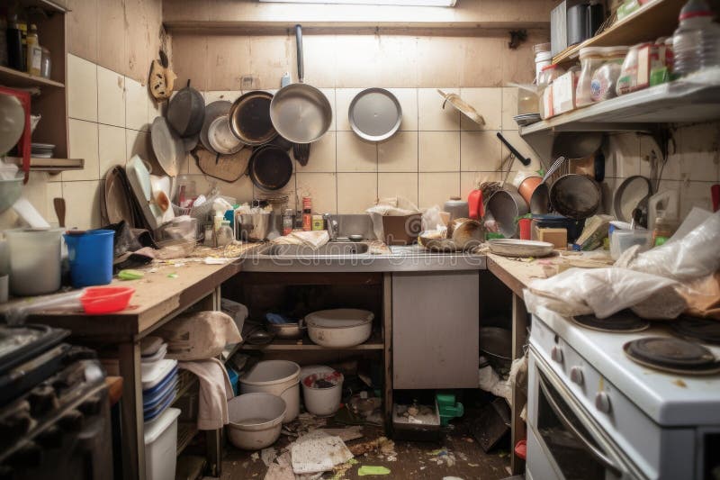 Very Messy Kitchen Interior. Unwashed Dishes. Generative AI Stock ...