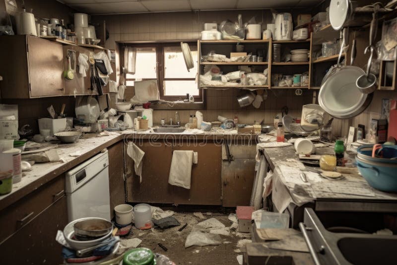 Very Messy Kitchen Interior. Unwashed Dishes. Generative AI Stock ...