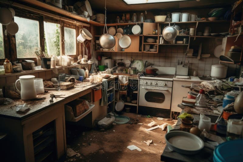 Very Messy Kitchen Interior. Unwashed Dishes. Generative AI Stock Image ...