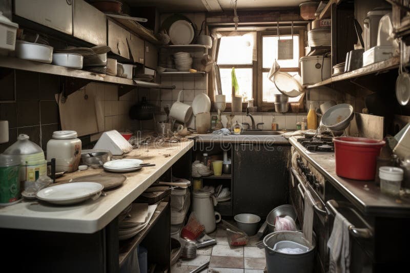 Very Messy Kitchen Interior. Unwashed Dishes. Generative AI Stock ...