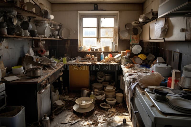 Very Messy Kitchen Interior. Unwashed Dishes. Generative AI Stock ...