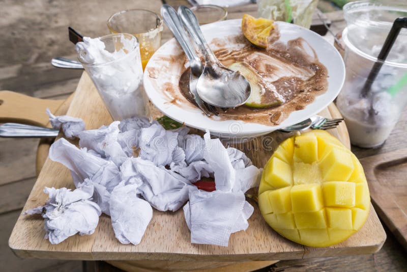 Messy Table after Eating Dessert on the Wooden Table Stock Photo ...