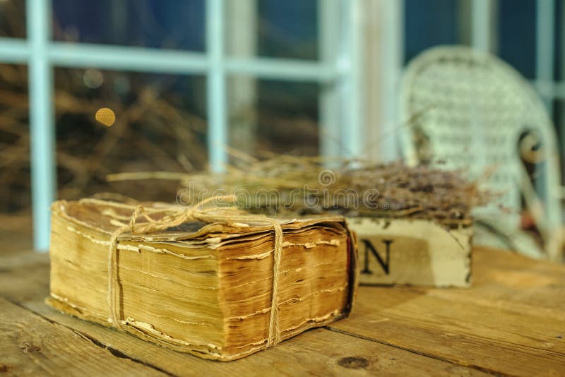 Very Old Book on the Table with Lavender Decoration Stock Image - Image ...