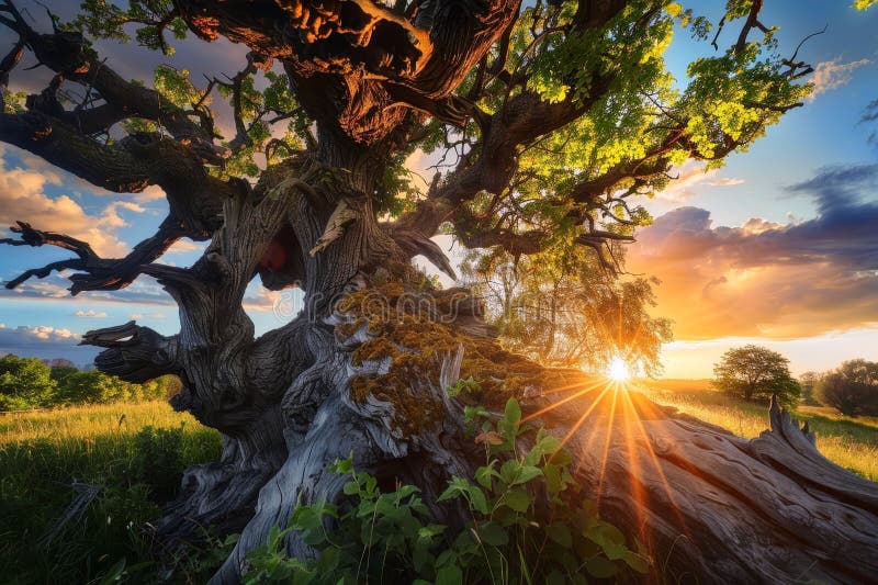A Very Old Gnarled Tree Stands in a Meadow in the Sunset Stock Photo ...