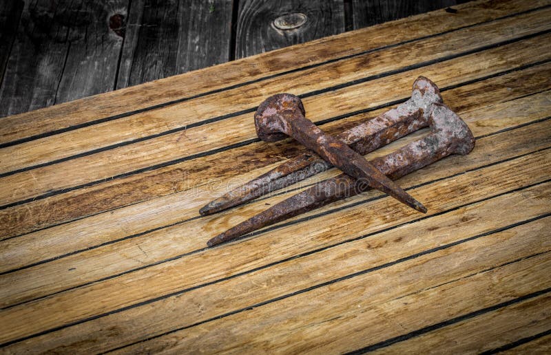Very Old Large Nails on a Beautiful Wooden Background, Rusty Stock ...