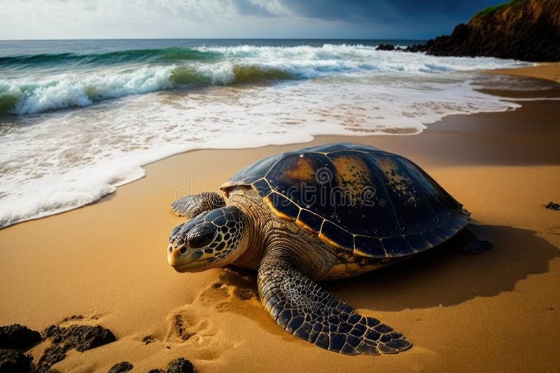 Very Old Turtle, Basking in the Sun on the Beach, with View of Rolling ...