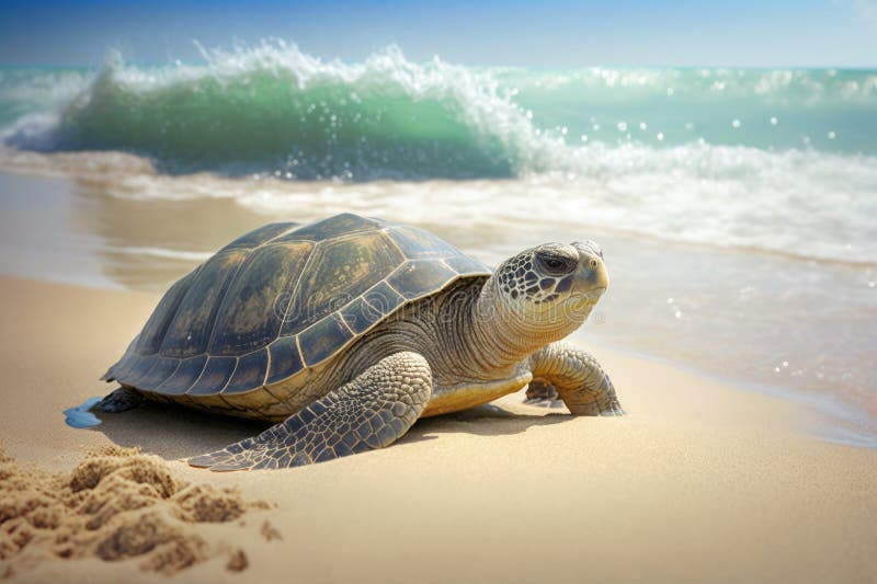 Very Old Turtle, Basking in the Sun on the Beach, with View of Rolling ...