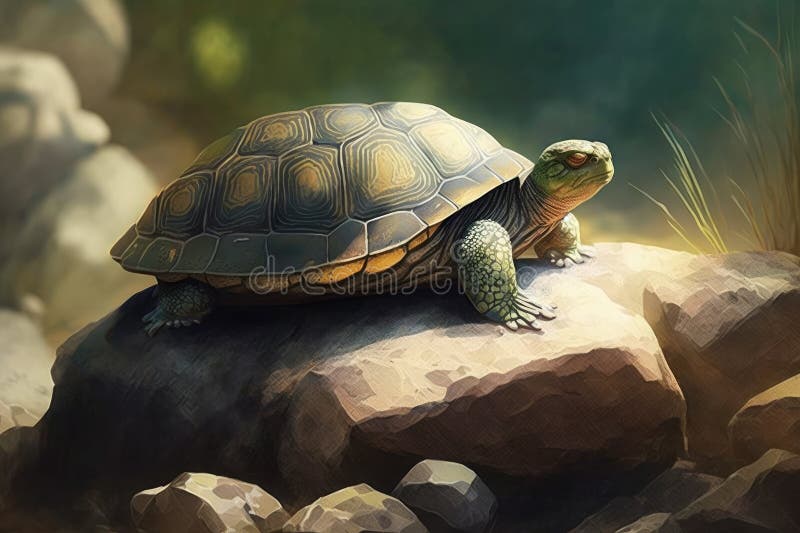 Very Old Turtle Basking in the Sun on a Smooth Rock Stock Photo - Image ...