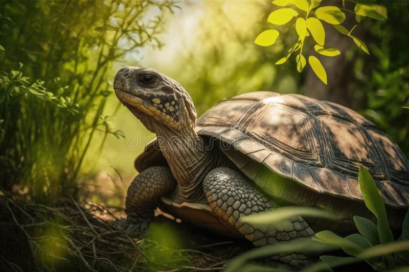 Very Old Turtle Basking in the Sun, Surrounded by Lush Greenery Stock ...