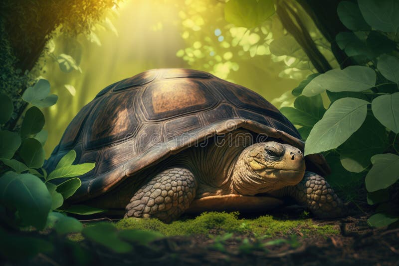 Very Old Turtle Basking in the Sun, Surrounded by Lush Greenery Stock ...