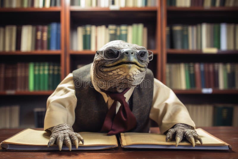 A Very Old Turtle Wearing Glasses in a Library Created with Generative ...