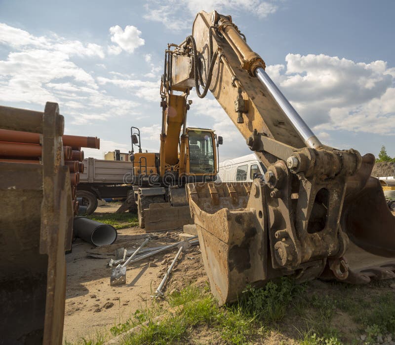 A Very Powerful Wheeled Excavator at a Construction Site after Work ...
