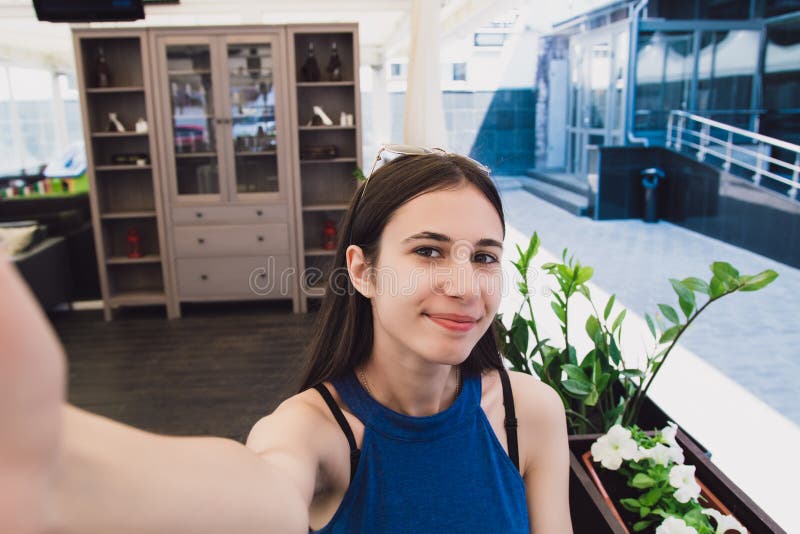A Very Pretty Girl Doing Selfie at a Cafe Stock Image - Image of beauty ...