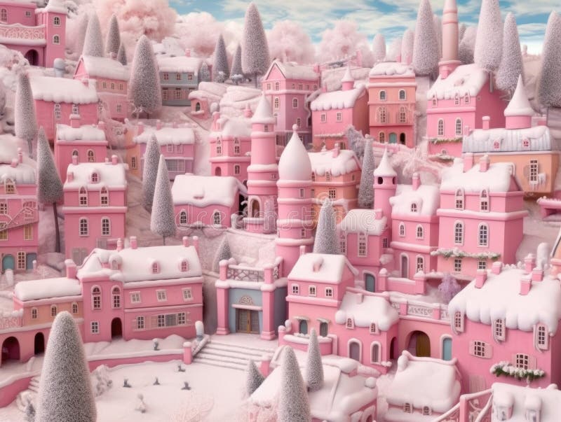 A Very Pretty Pink Castle with a Lot of Snow on it. Stock Illustration ...