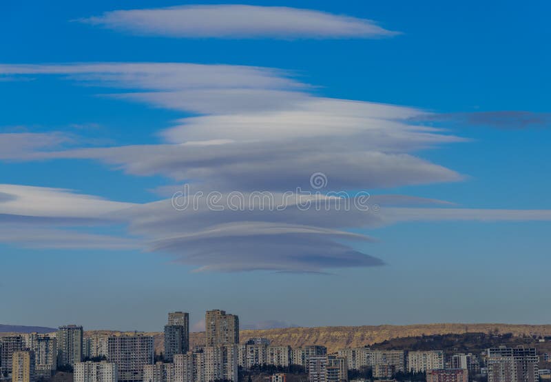 Very Rare Sighting of Several Lenticular Clouds Stock Image - Image of ...