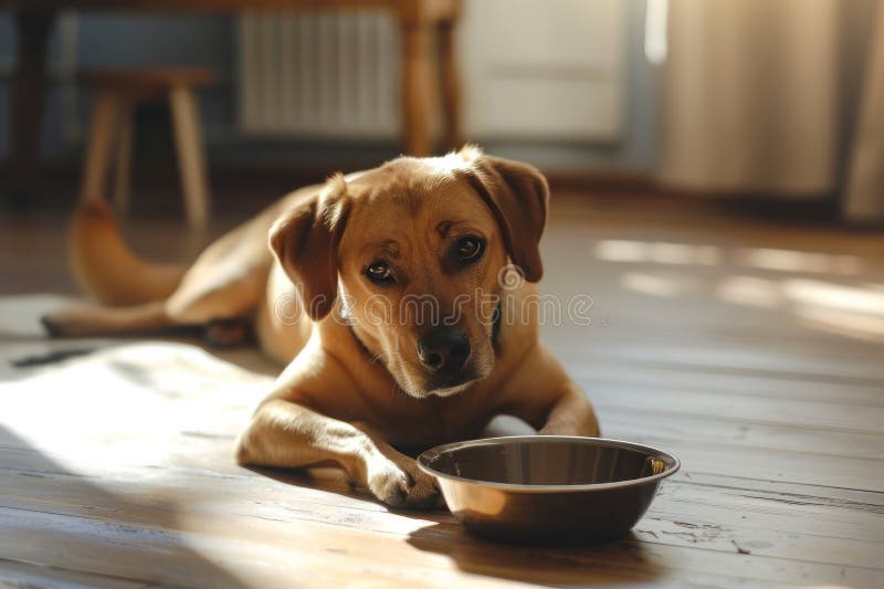 Very Sad Dog Near an Empty Bowl Stock Photo - Image of patience, mammal ...
