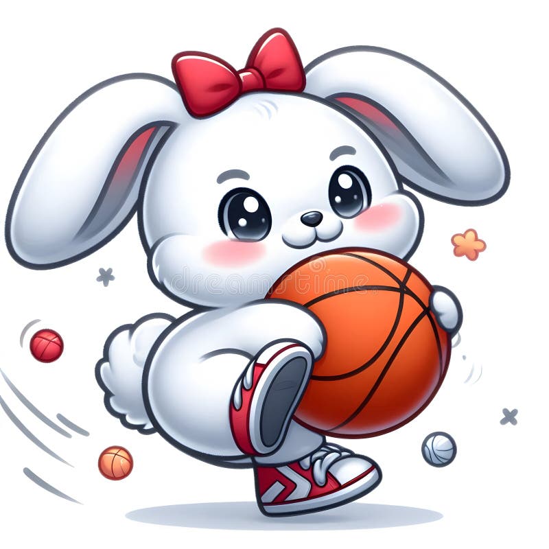 Cute White Rabbit Playing Basketball Printable Print Stock Illustration