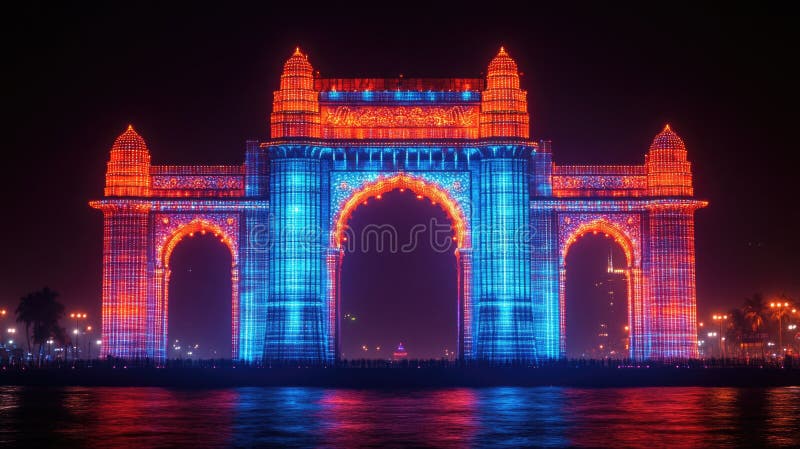 A Very Tall Building Lit Up with Blue and Red Lights at Night Stock ...