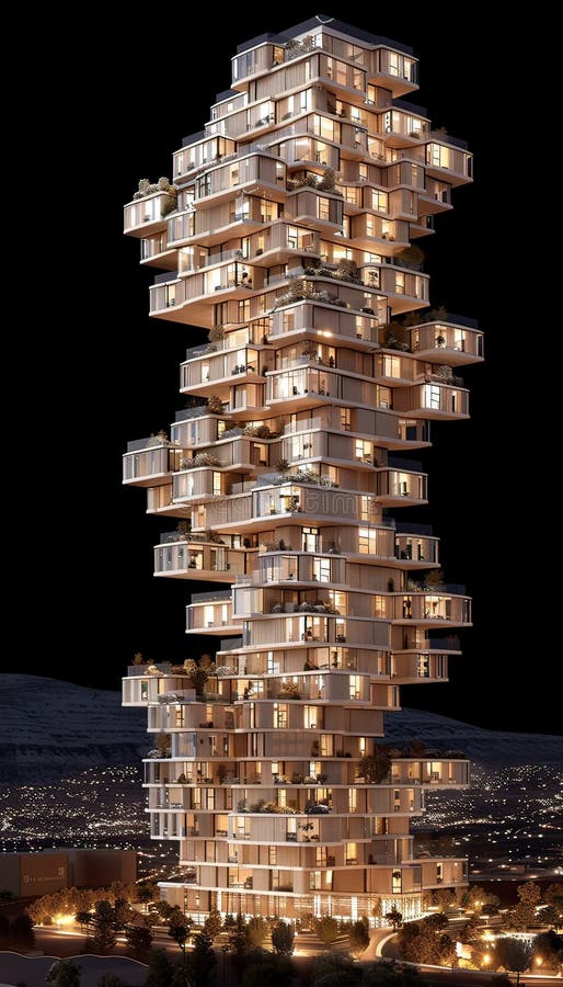 A Very Tall Building with Lots of Windows is Illuminated at Night Stock ...