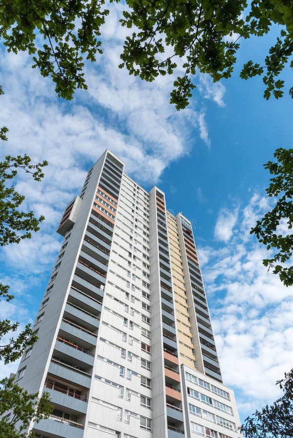 A Very Tall House in Berlin Gropiusstadt Bordered with Leaves Stock ...