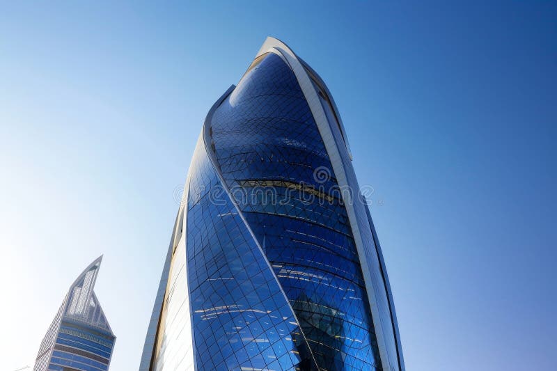 A Very Tall Modern Skyscraper with a Unique Shape Covered in Numerous ...