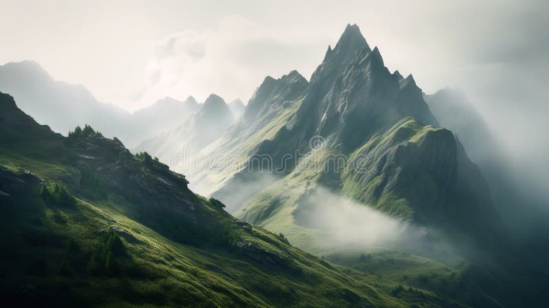 A Very Tall Mountain Covered in Fog and Clouds in the Distance Stock ...