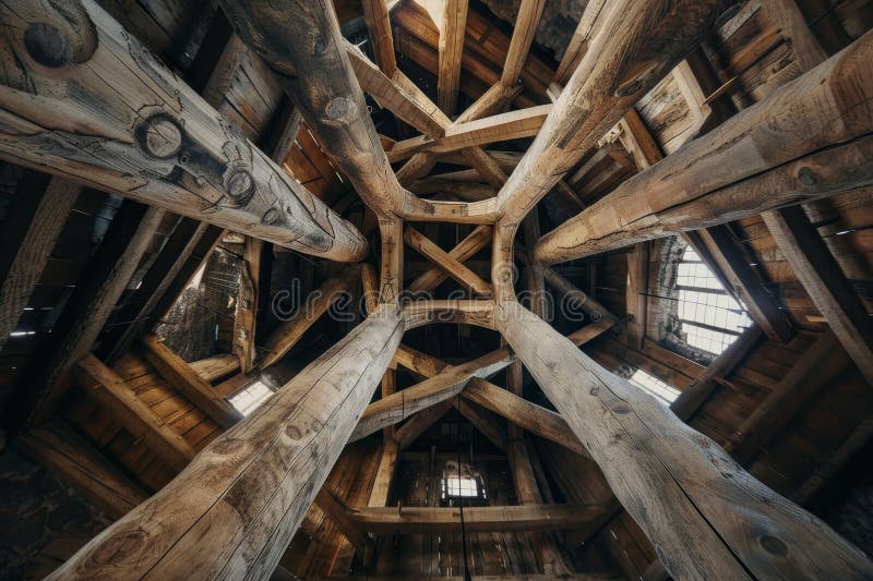 Very Tall Wooden Structure of Massive Beams Inside a Building, Massive ...