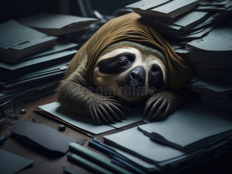 Very Tired Sloth Sleeps on Lots of Files in the Office. Ai Generative ...