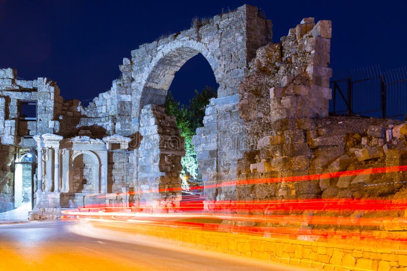 The Vespasian Gate To the Ancient City of Side at Night, Turkey Stock ...
