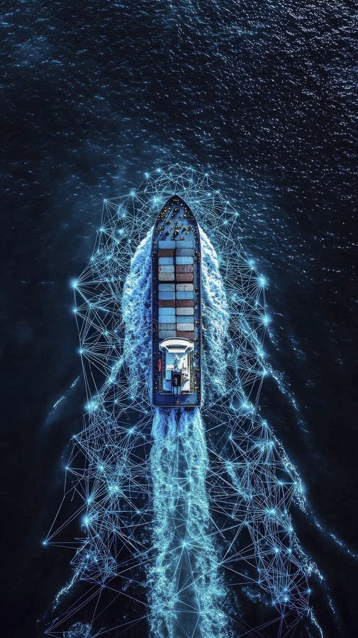 Vessel with Intricate Digital Blue Network Overlay Stock Illustration ...