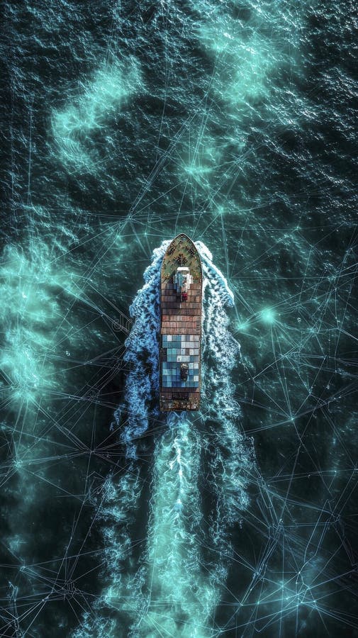 Vessel Navigating Ocean with Digital Pathways Overlay Stock ...