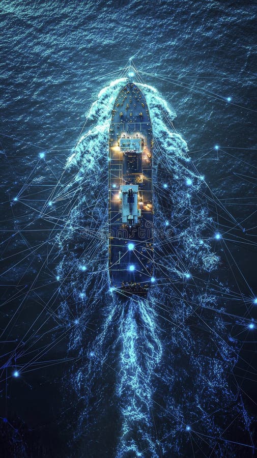 Vessel Navigating Waters with Intricate Light Trails Stock Illustration ...