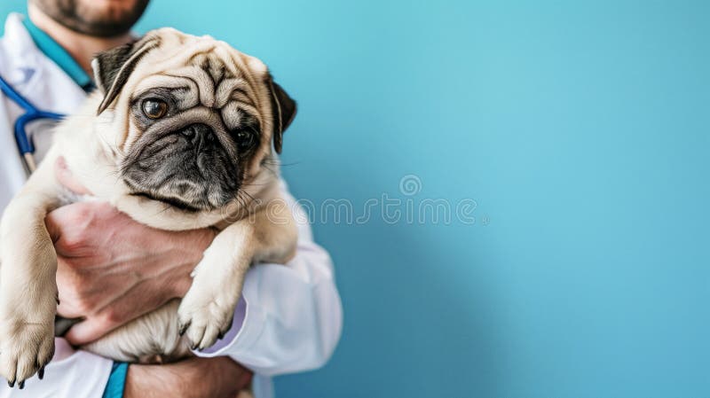 Vet with a Pug Dog on Blue Background, Space for Text Stock Photo ...