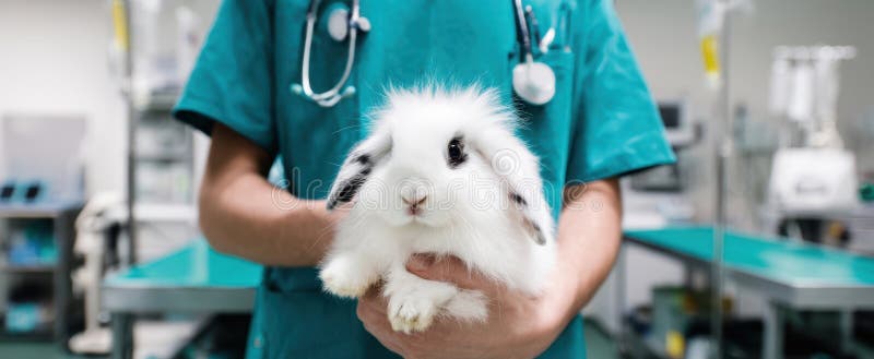 The Veterinarian Holding a Fluffy Rabbit in a Modern Clinic Environment ...