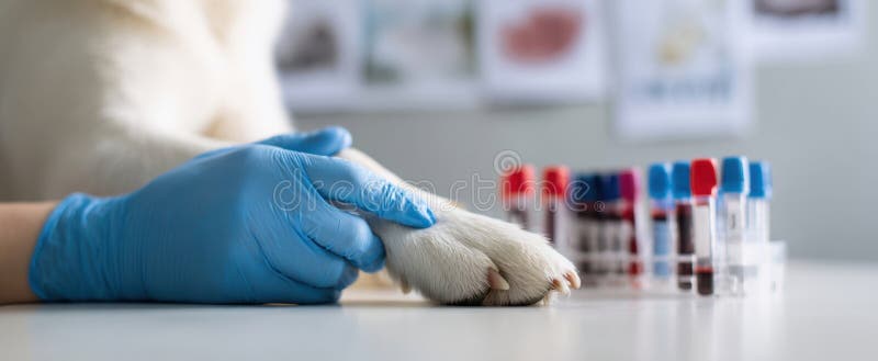 The Veterinarian Inspects a Dog S Paw during a Blood Sample Analysis ...