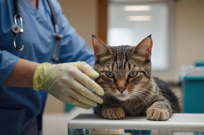 Veterinarian Wearing Gloves Examining a Tabby Cat on an Examination ...