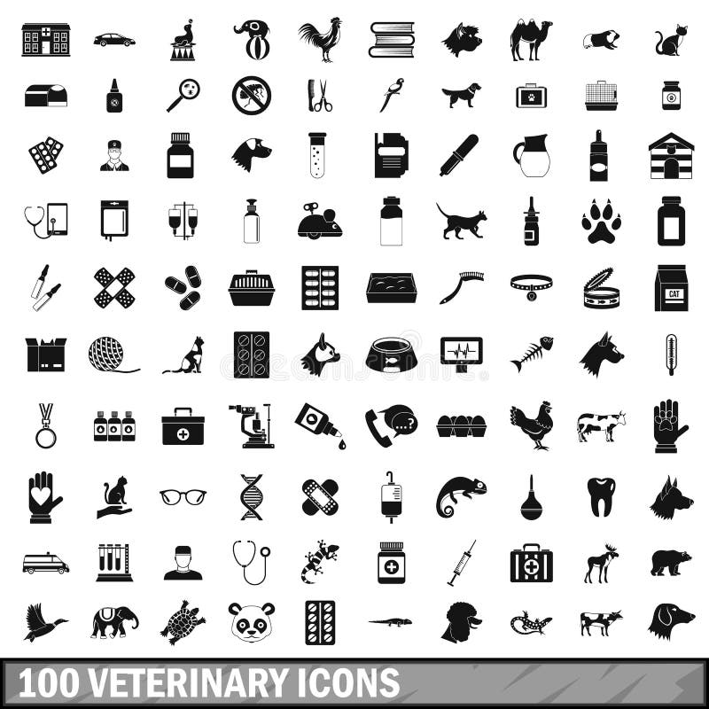 100 Veterinary Icons Set, Simple Style Stock Vector - Illustration of ...