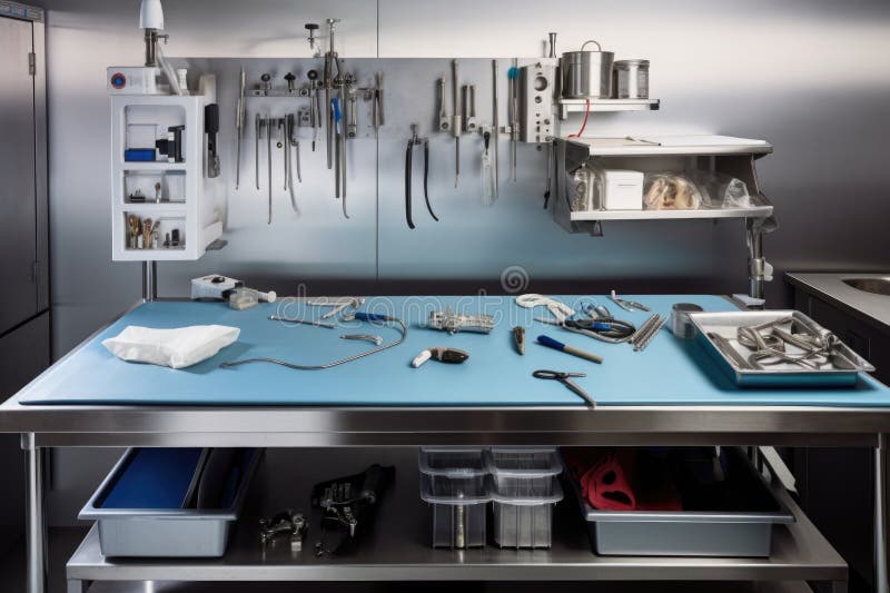 Veterinary , with Instruments and Equipment Laid Out on Surgical Table ...