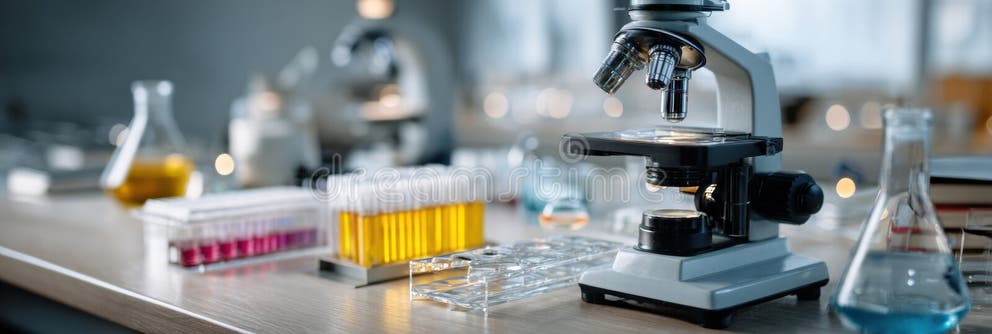 Veterinary Laboratory Featuring Microscope and Test Samples on a Clear ...