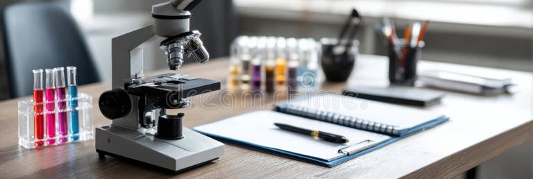 Veterinary Laboratory Workspace with Microscope, Test Samples, and ...