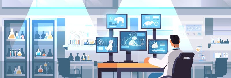 Veterinary Worker Work on Desktop with Animals on Screens Scientist ...