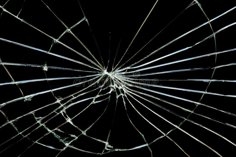 Vetro Incrinato Rotto Con Il Foro Sopra Fondo Nero Fotografia Stock ...