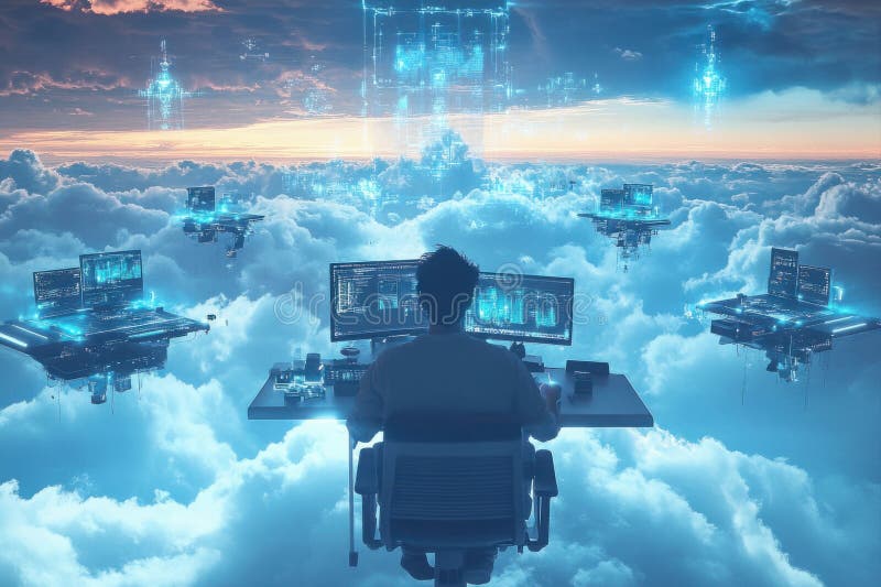 Vfx Artist Working on Futuristic Desk with Floating Servers in the ...