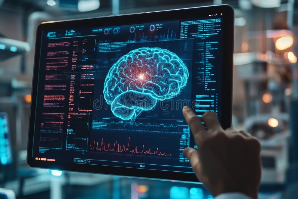 VFX Hologram Data Patient Brain Record on Touch Screen. Stock ...