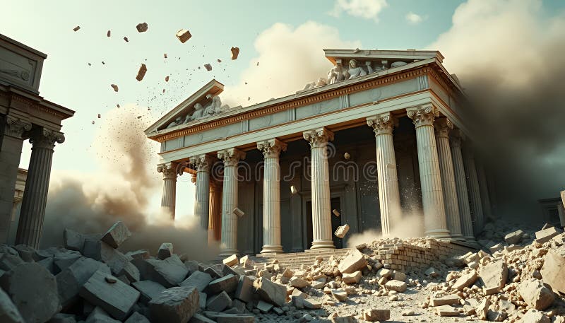 VFX Roman Temple Destruction Scene: Dust and Debris Surround Crumbling ...
