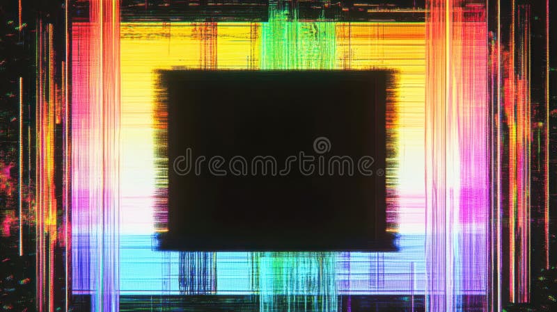 VHS-style Paused Screen with Vibrant Rainbow Static Lines and a Black ...